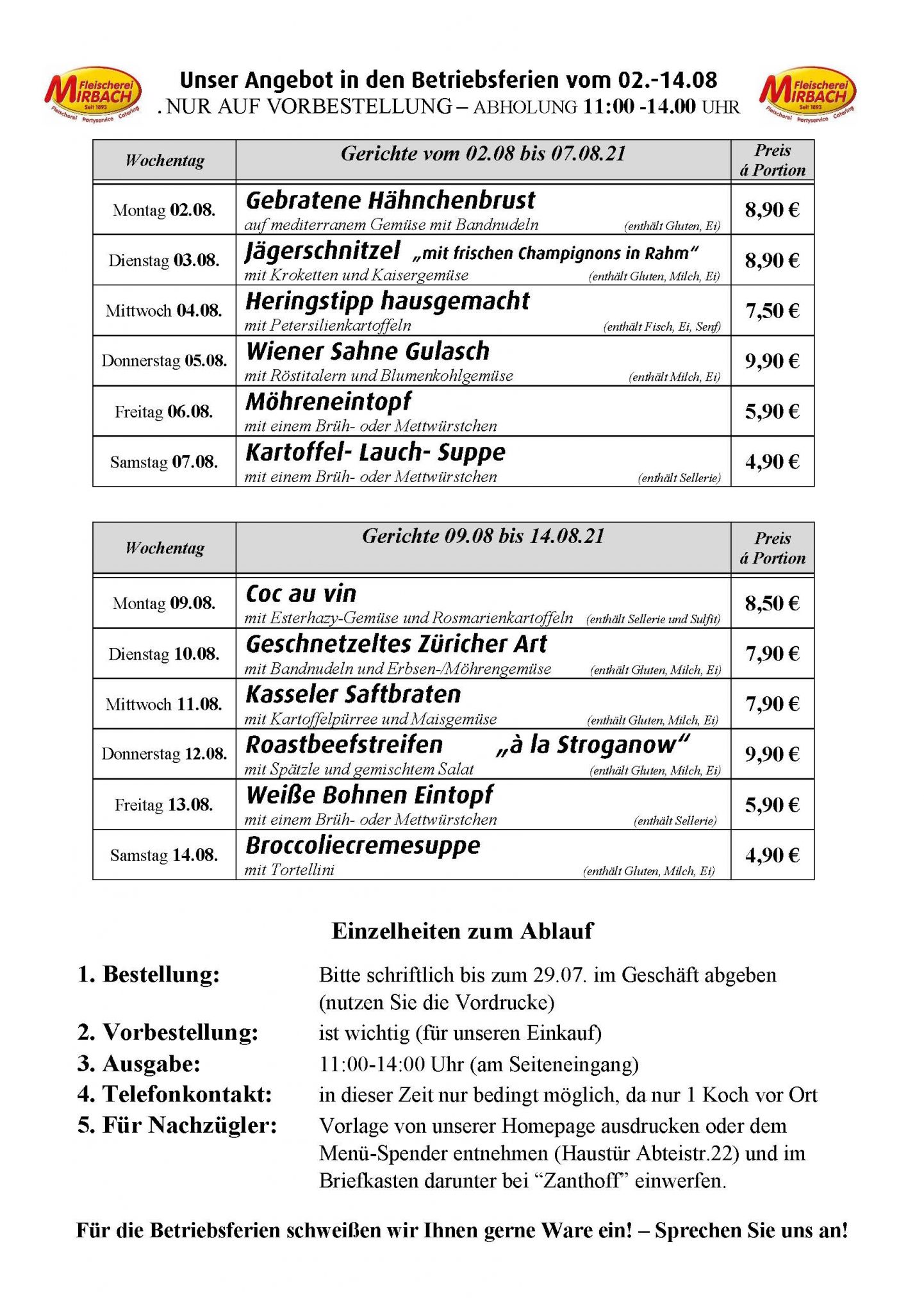 Menüs der Woche | Mirbach Catering